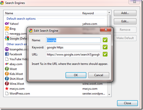 My Note on Solutions.: replace Google Search provider url with HTTPS,SSL